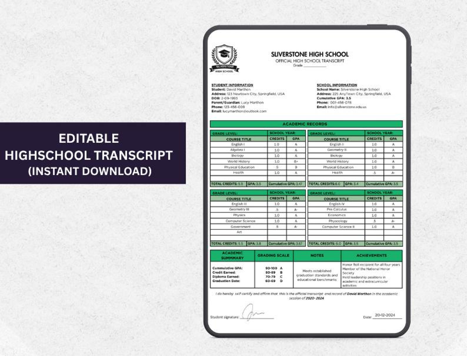 Editable Homeschool Transcript Template | Printable High School Record ...