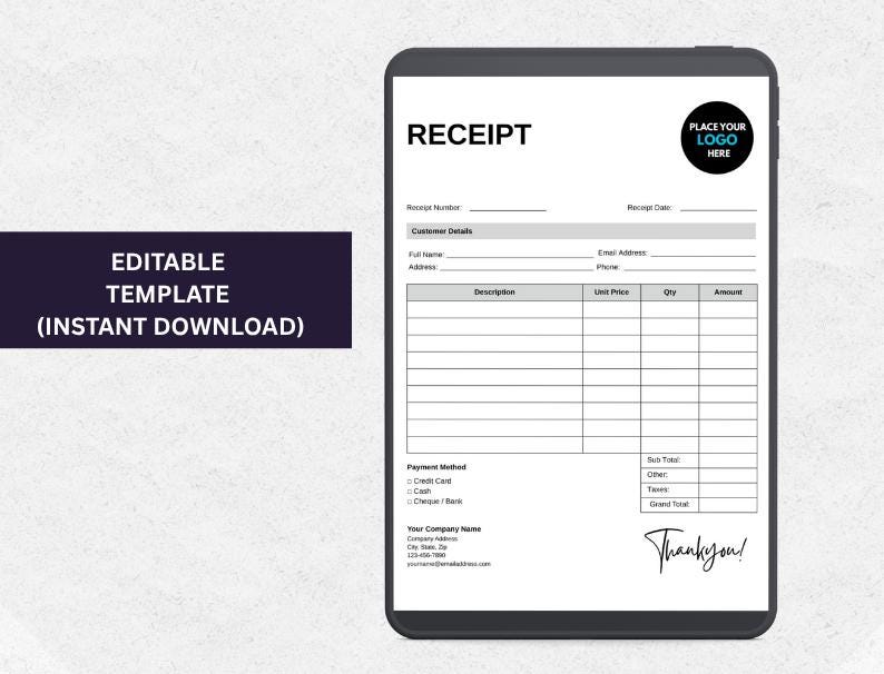 Editable Receipt Template for Small Business | Printable Receipt Form ...