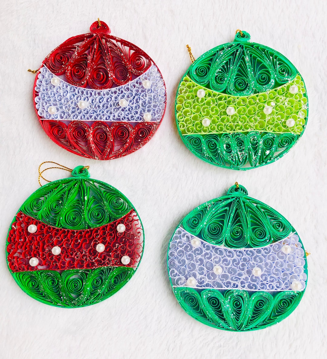 Quilled Christmas Ball Ornament | Paper Filigree, Pearl Detail - Etsy