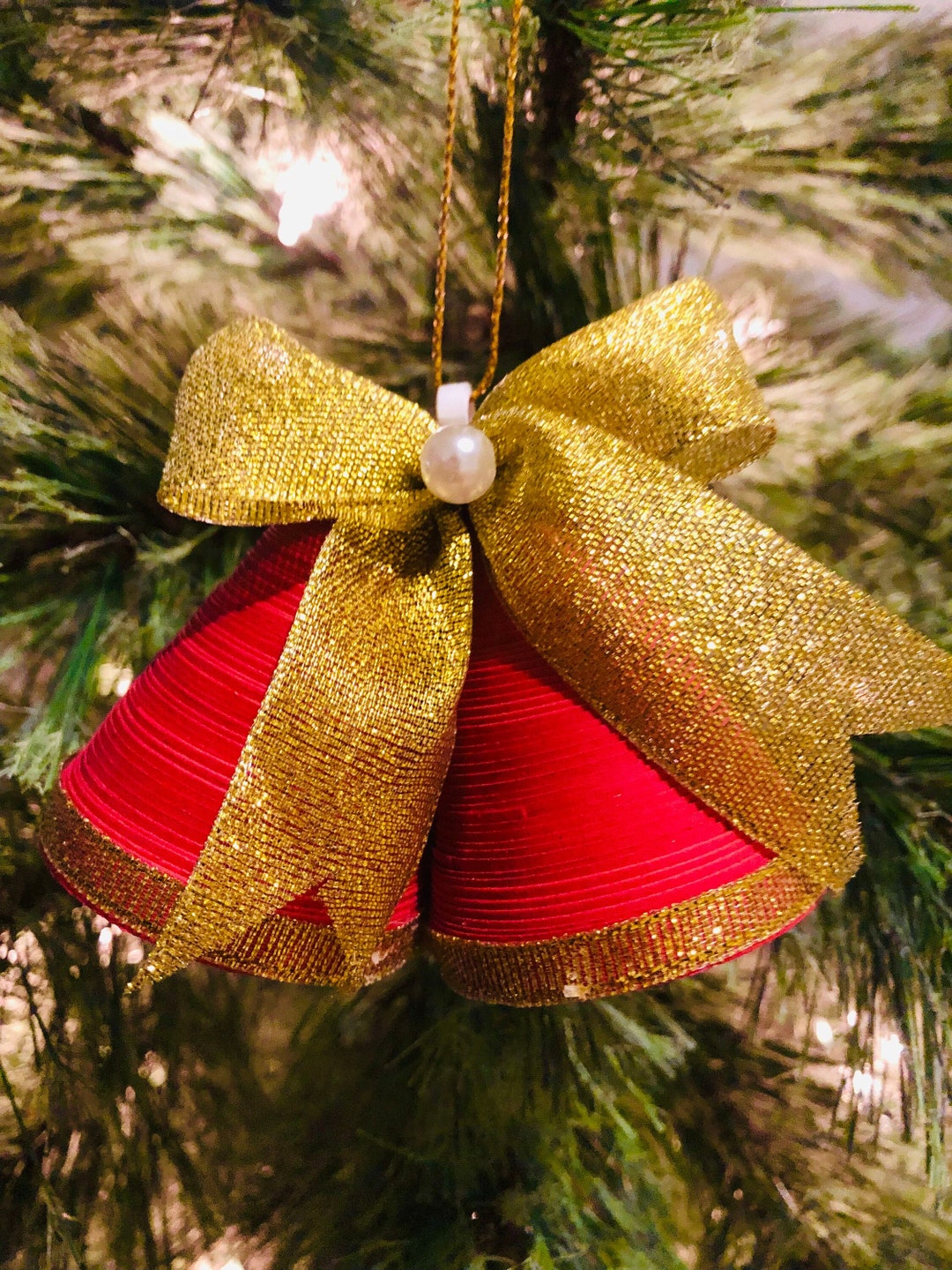 Quilled Paper Christmas Bell Ornament | Gold Bow Decoration - Etsy