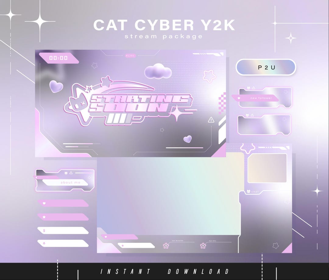 Cat Cyber Y2k - Twitch Pack - Animated Stream Pack - Streaming Scenes - Twitch Overlays ...