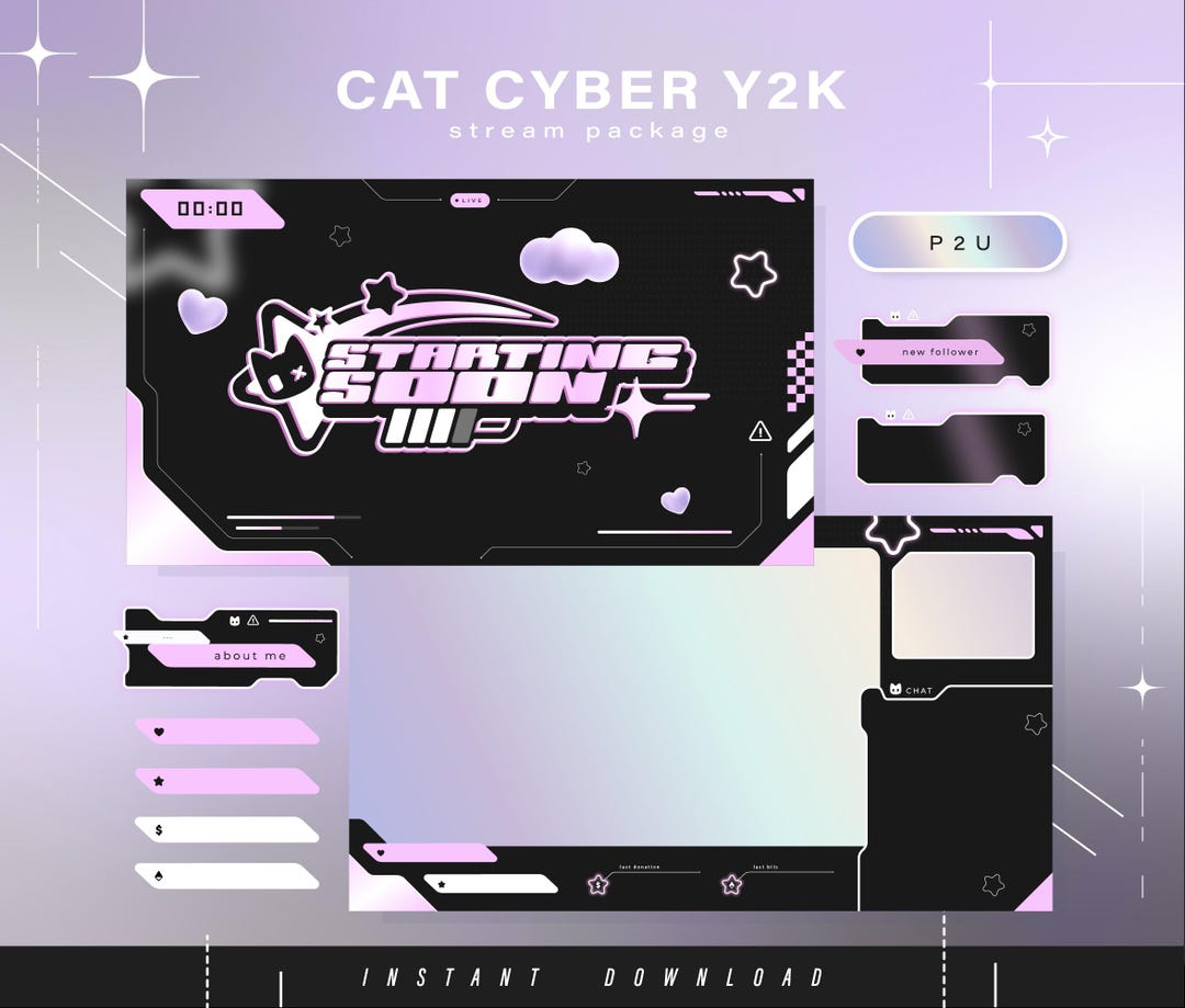 Cat Cyber Y2k - Twitch Pack - Animated Stream Pack - Streaming Scenes ...