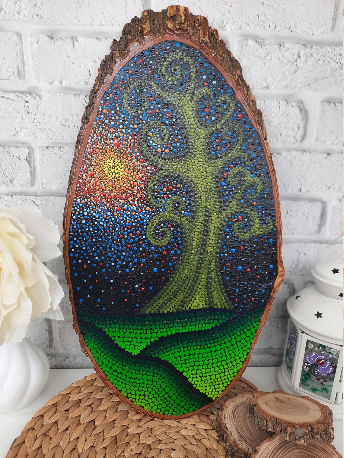 Hand painted piece of wood Colorful hand painted tree design | Etsy