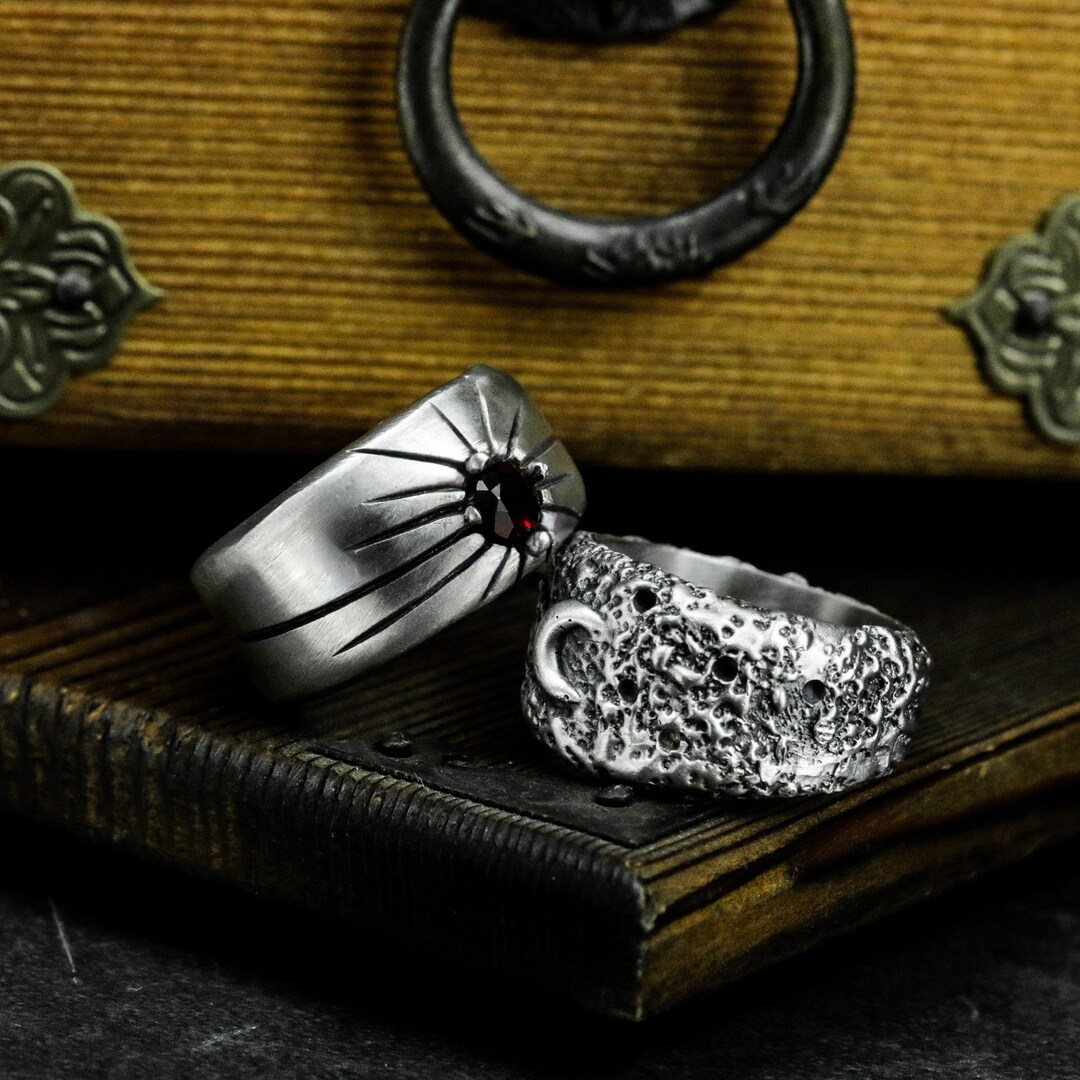 Sun Moon Star Couple Silver Ring - Gemstone Inlaid Unique Ring Gift ...