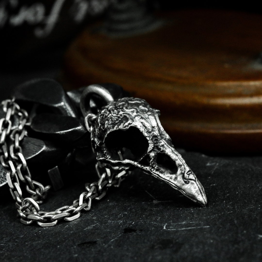 Raven Skull 925 Silver Pendant - Desolate Bird Bone Totem Necklace ...