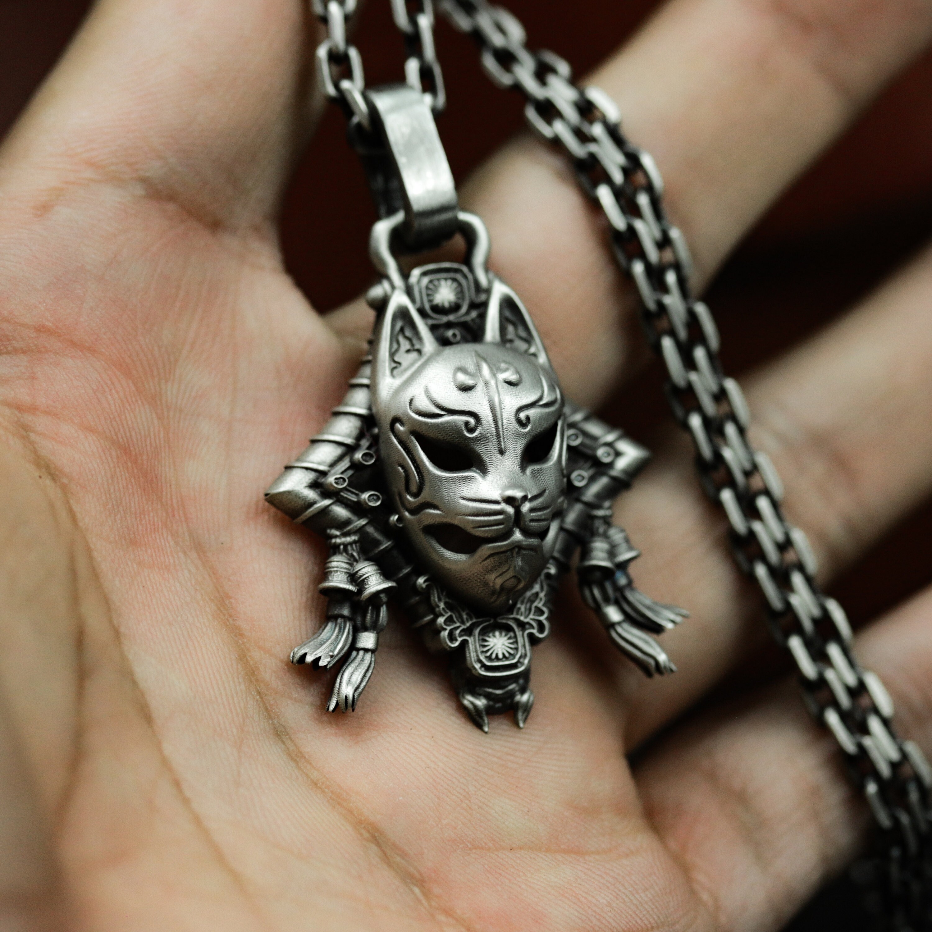 Japanese Fox Mask Silver Pendant Necklace Inari God's Messenger Mask ...