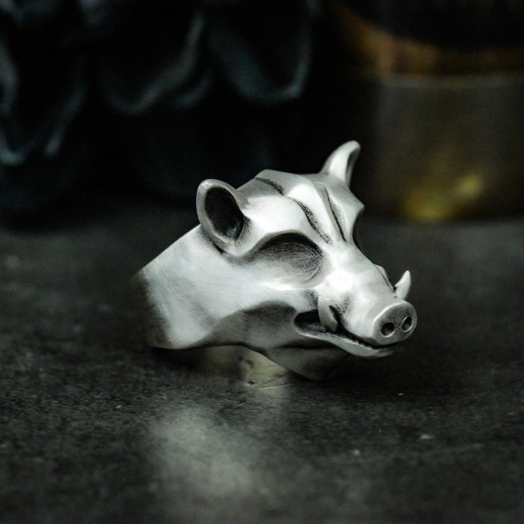 Geometric Design Wild Boar Silver Ring - Simple Pig Ring Jewelry - Cute ...