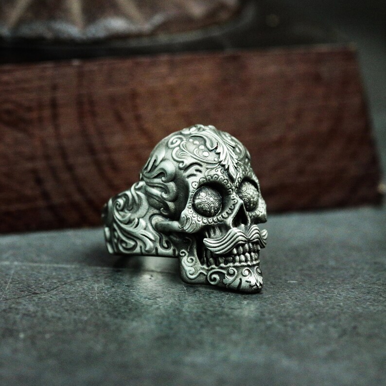 Mexican Tattoo Skull Silver Ring-gangster Pattern Skull Handmade Silver Ring-gothic Rune Gift ...