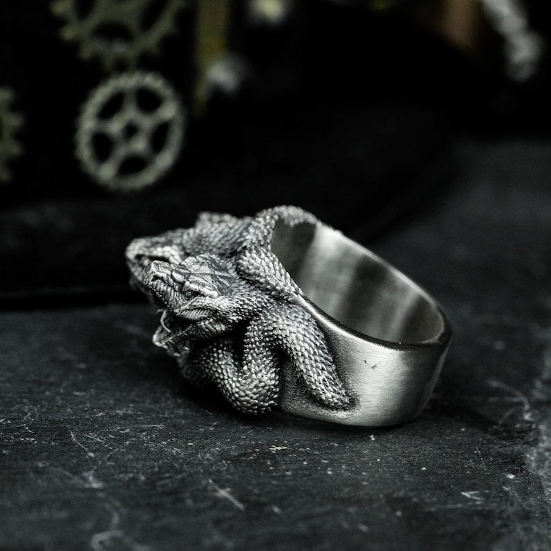 Three-headed Snake Ring: Gothic Silver Python Monster Ring - Etsy