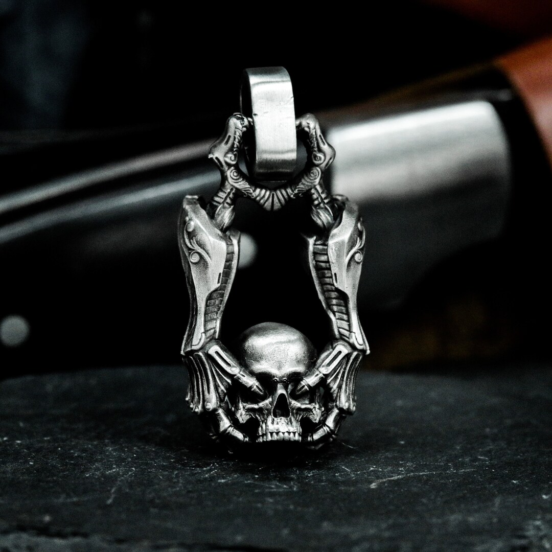 Handmade 925 Silver Mechanical Arm Skull Pendant: Terminator Necklace ...