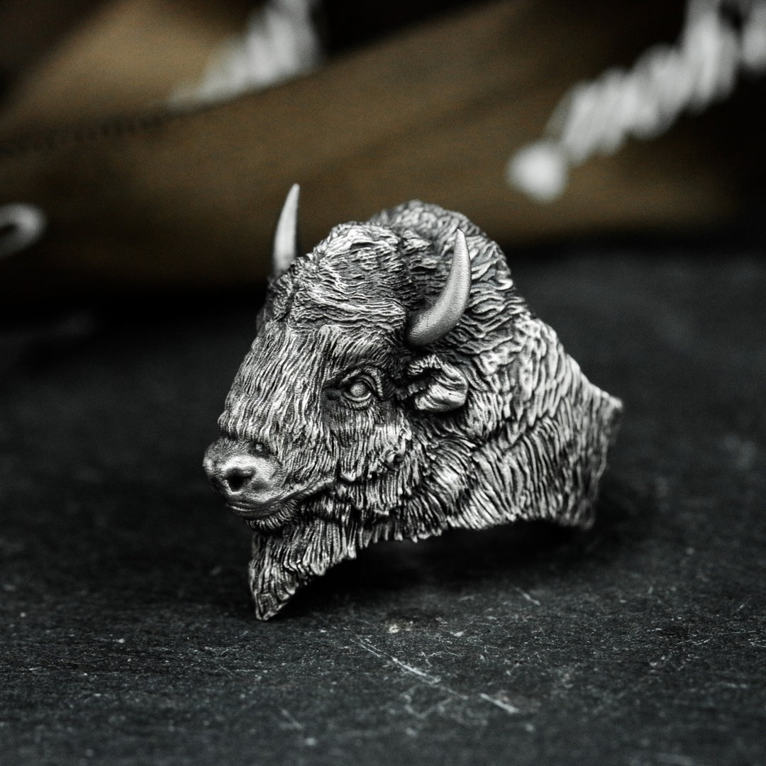 American Bison Silver Ring - Realistic Bison Men's Ring - Unique Gift ...