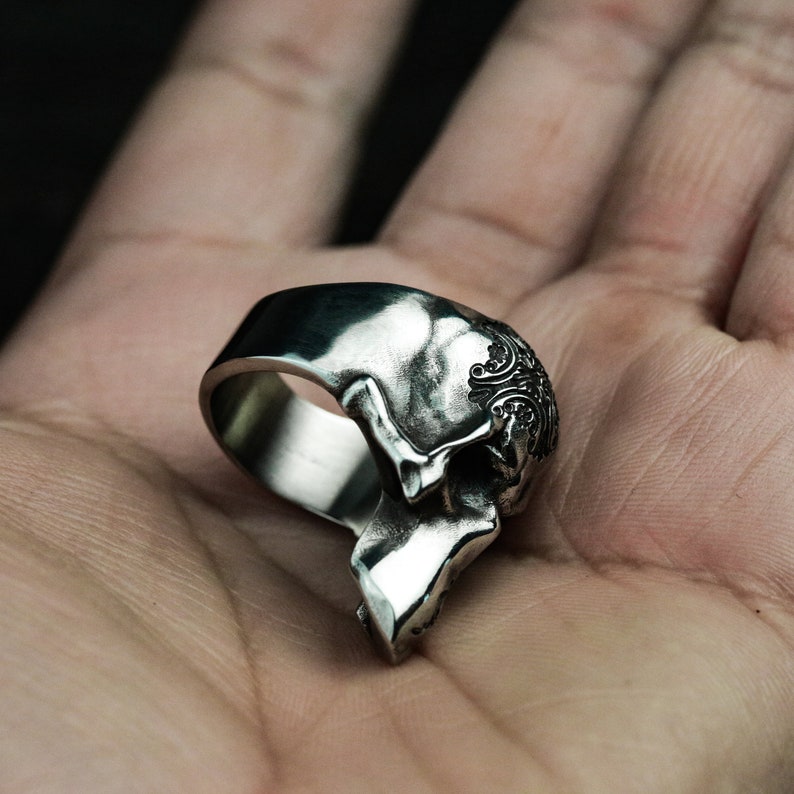 Bright Skull Silver Ring Baroque Pattern Engraved Men's Skull Silver Ring Jawless Skull Mask ...