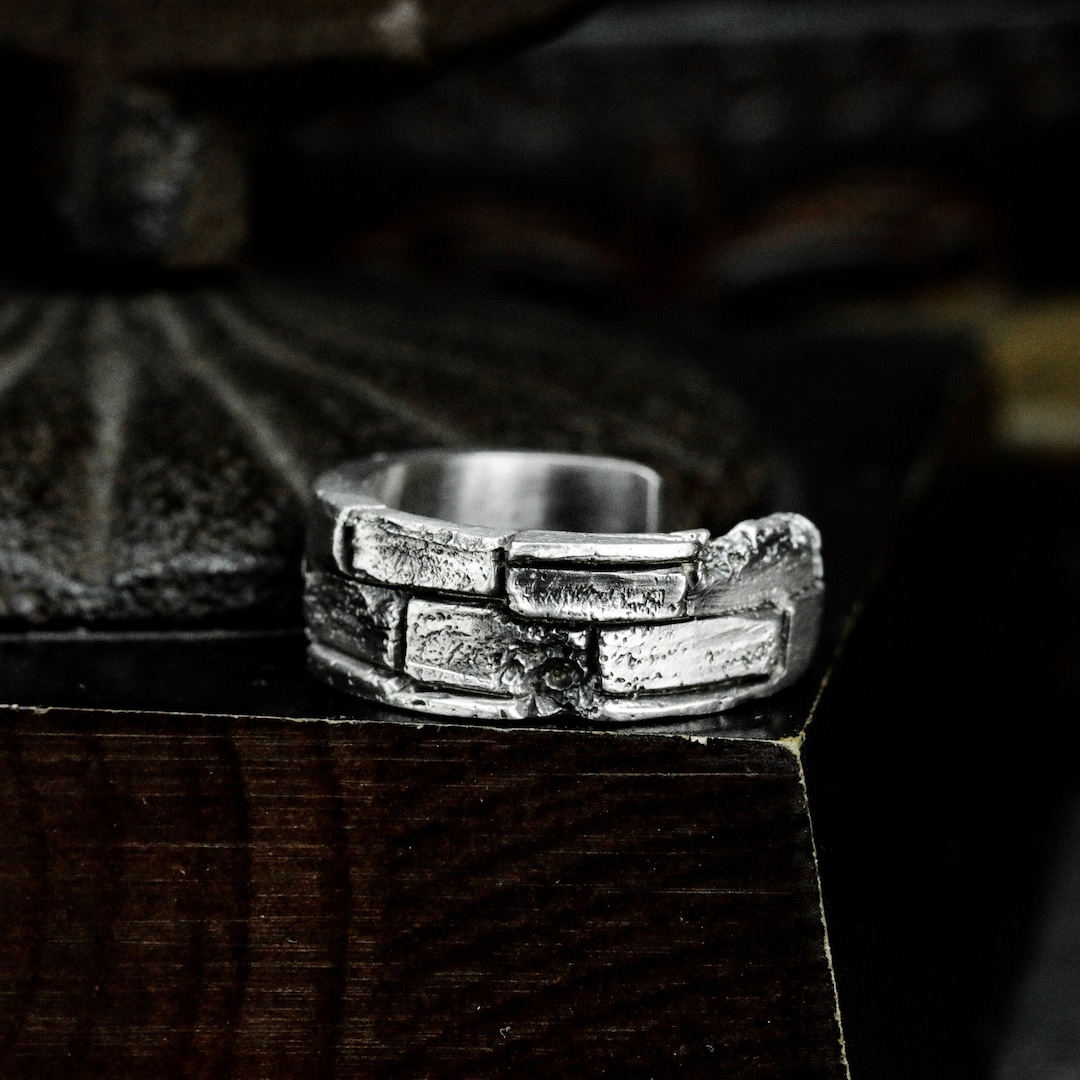 Handmade Silver Brick Wall Ring - Adjustable Unisex Design - Etsy