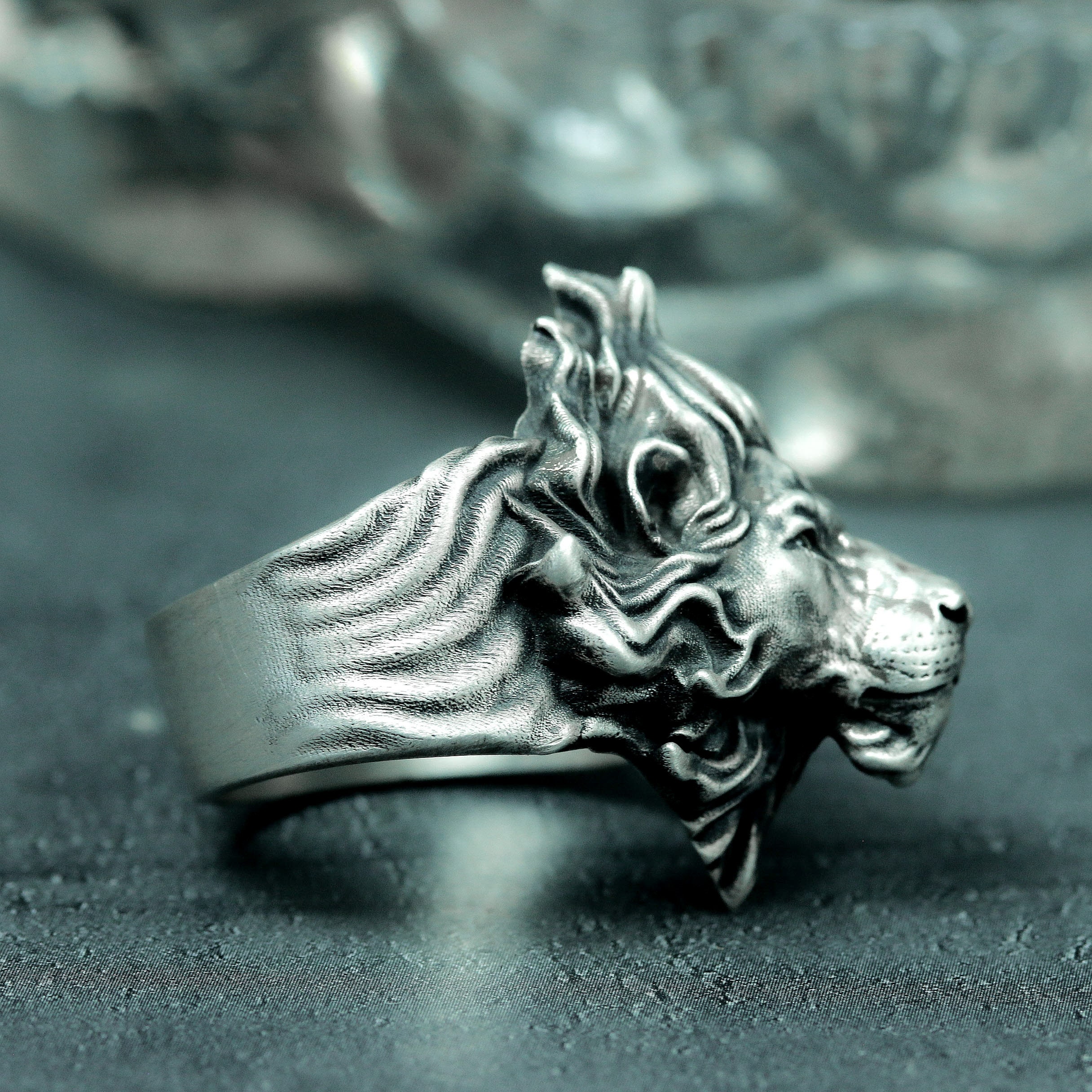Green Eyed Lion 925 Silver Ring - Gemstone Lion Ring - Lifelike Lion ...
