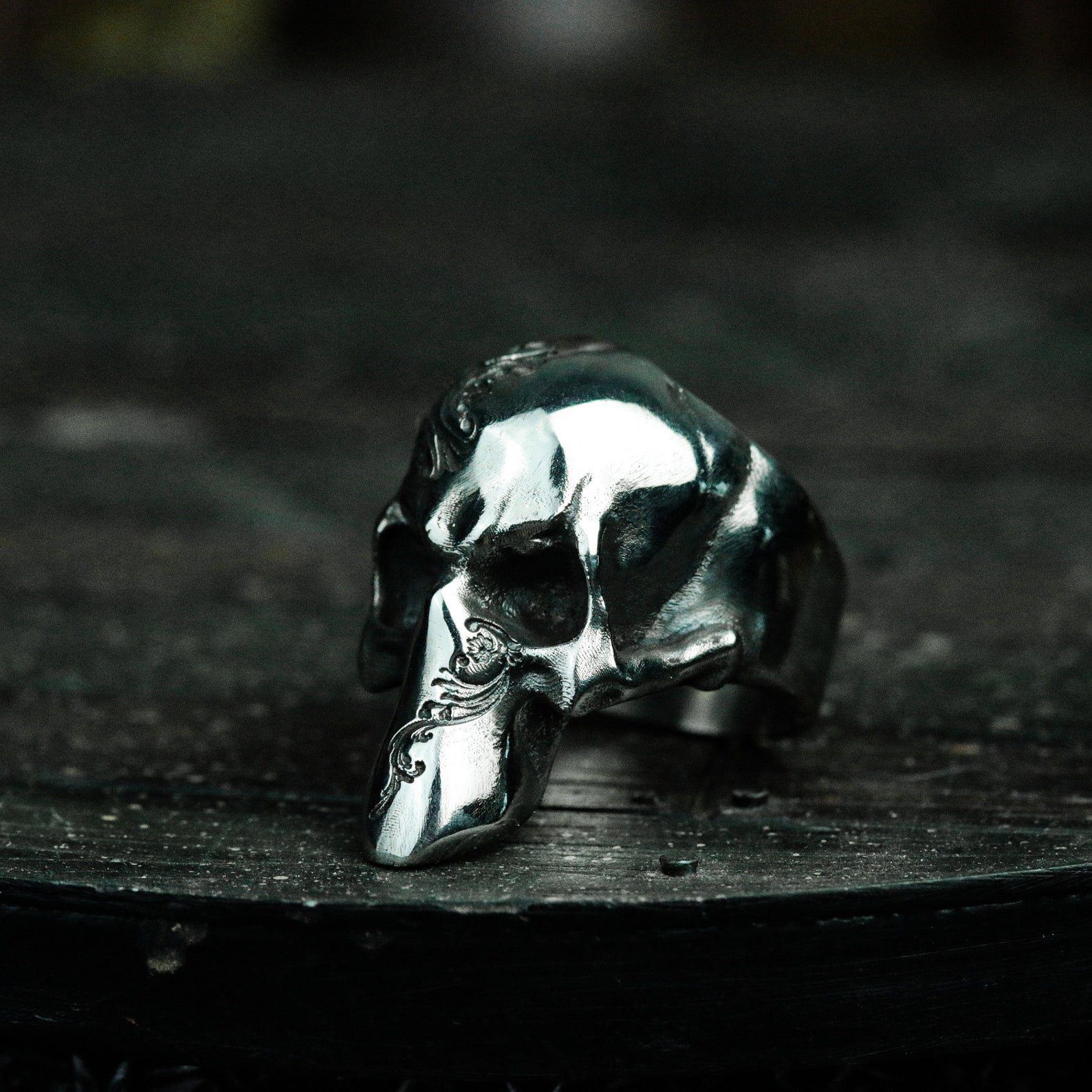 Bright Skull Silver Ring Baroque Pattern Engraved Men's Skull Silver Ring Jawless Skull Mask ...