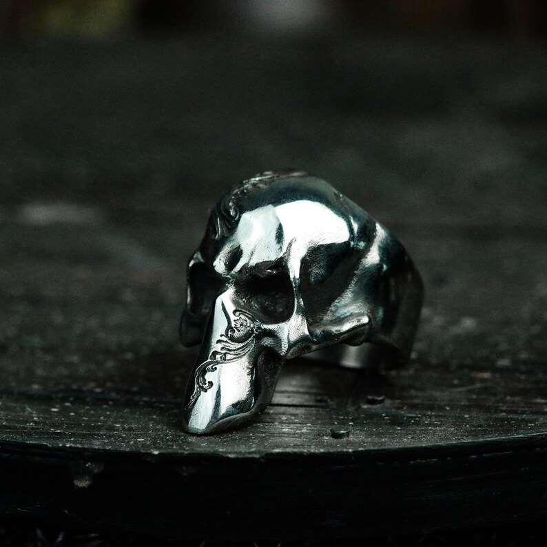 Bright Skull Silver Ring Baroque Pattern Engraved Men's Skull Silver Ring Jawless Skull Mask ...