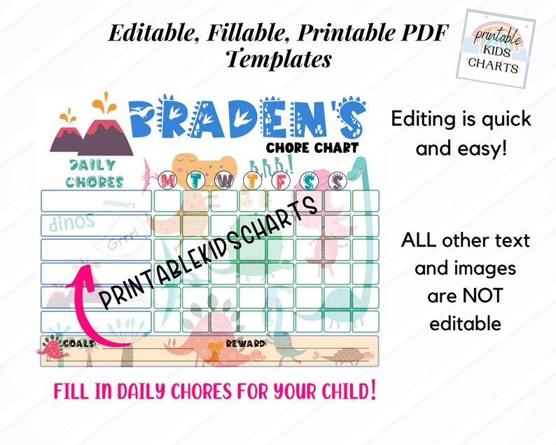 Editable Chore Chart for Kids, Dinosaur Printable Weekly Chore Chart ...