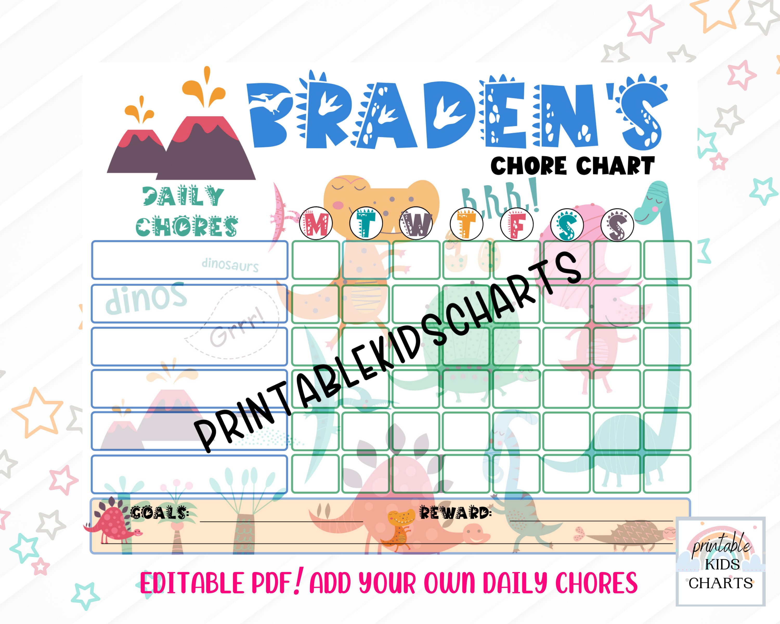 Editable Chore Chart for Kids, Dinosaur Printable Weekly Chore Chart ...