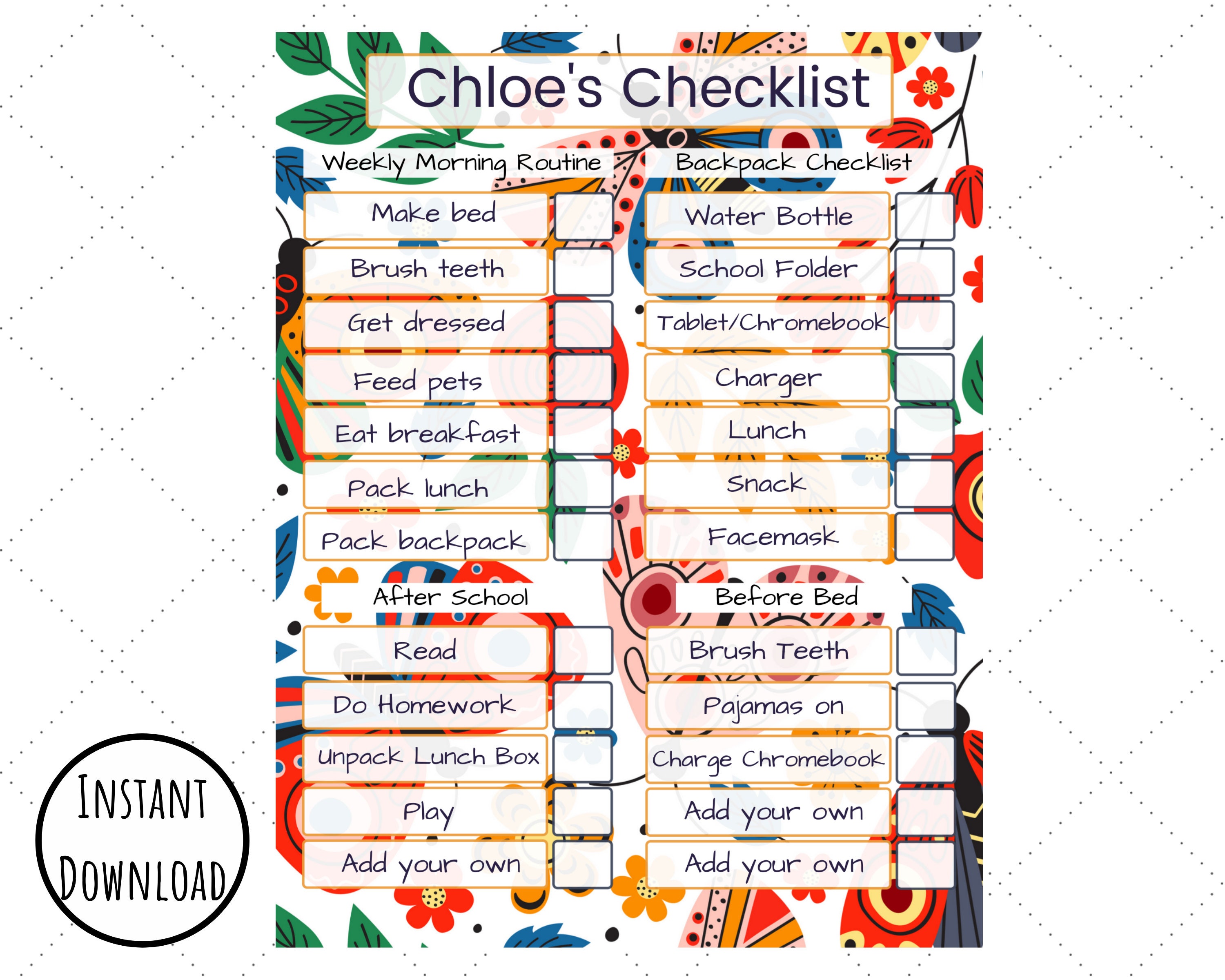 Checklists for Kids, Butterfly Printable, Weekly Morning Routine ...
