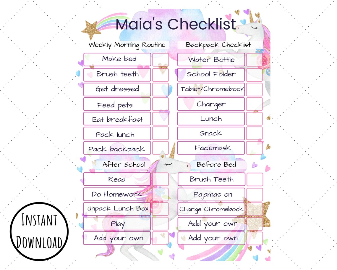 Checklists for Kids Unicorn Watercolor Printable Weekly - Etsy