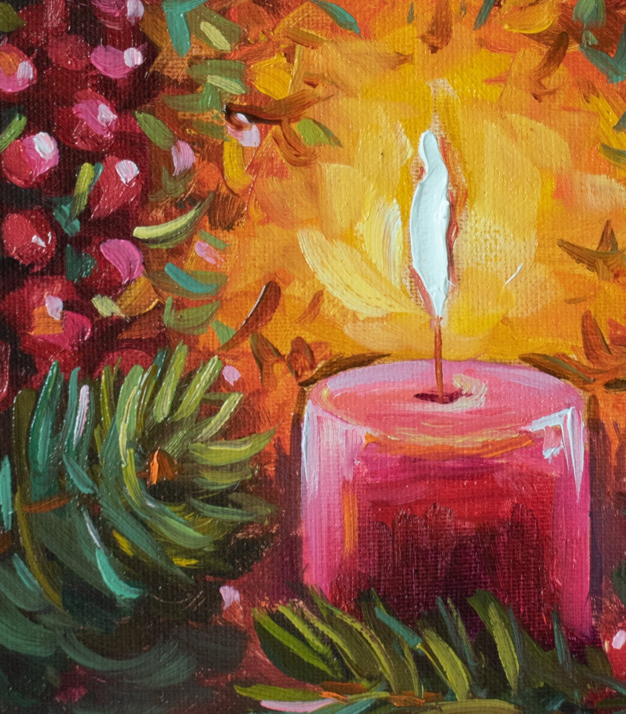 Christmas Candle Oil Painting: Red Berries & Pine Wreath, 8x8 ...