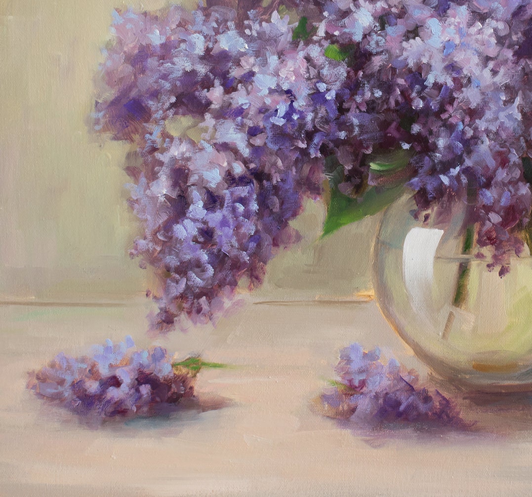 Purple Lilac in Glass Vase Original Oil Painting Lilac Flowers Bouquet ...