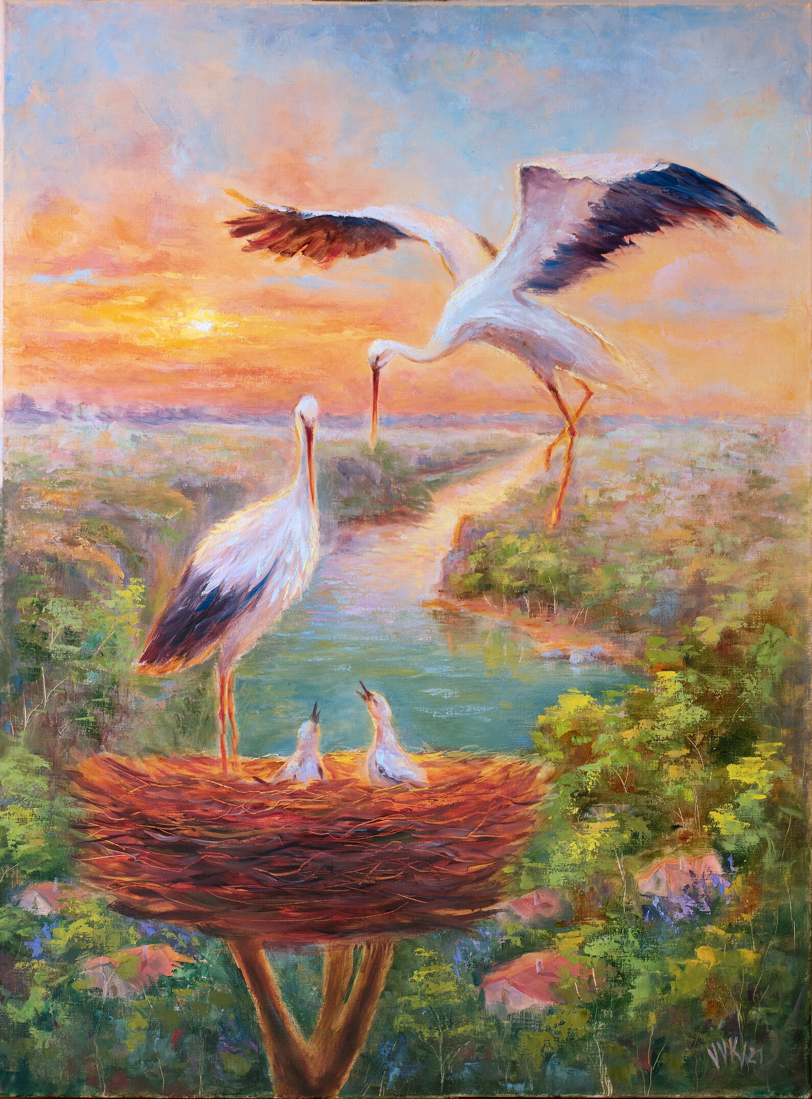 Ukraine Original Oil Painting Storks on Nest Artwork - Etsy