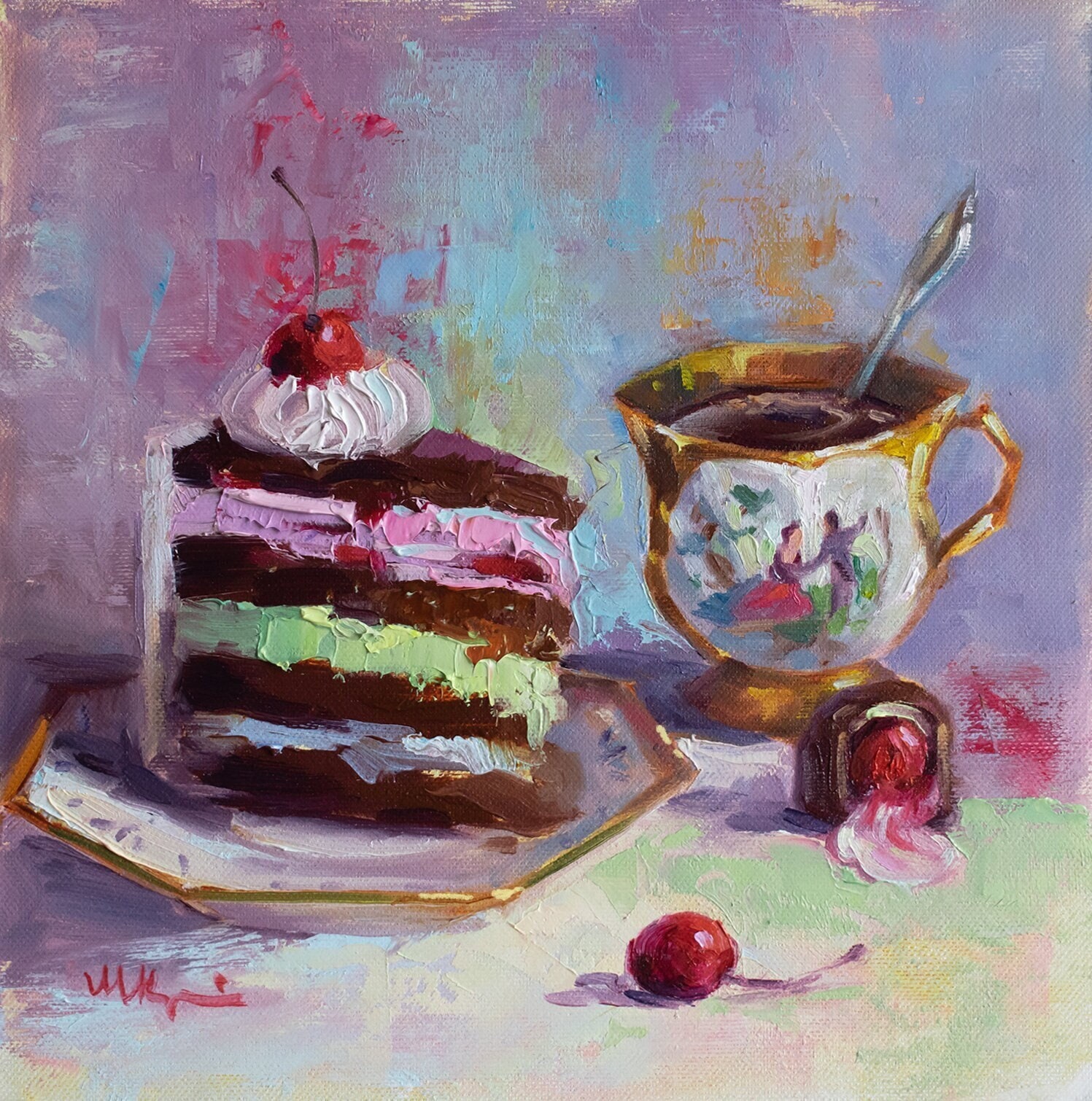 Birthday Cake Original Oil Painting Gift for Mother Art for Kitchen ...