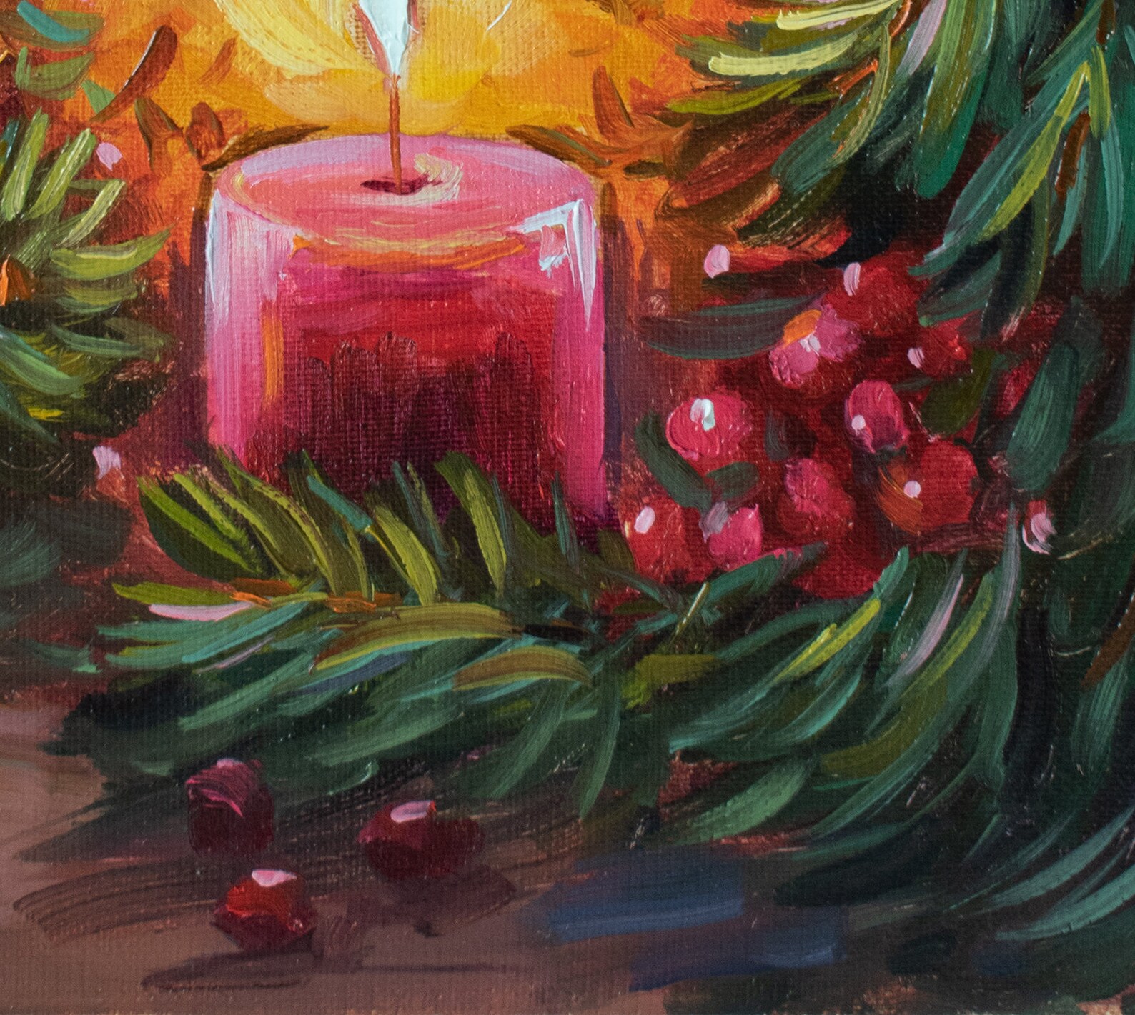 Christmas Candle Oil Painting: Red Berries & Pine Wreath, 8x8 ...