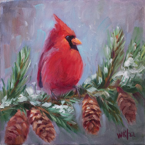 Cardinal in Pine Tree Painting - Etsy