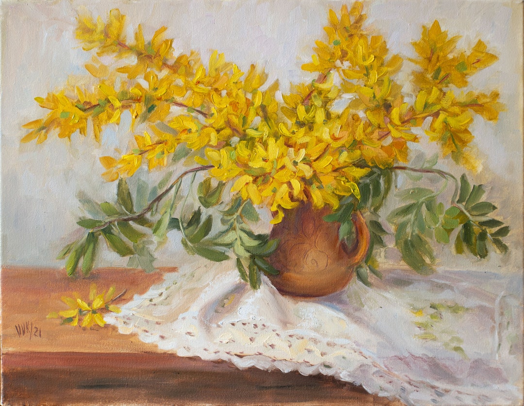 Yellow Flowers in Vase Forsythia Original Oil Painting Spring Flowers ...
