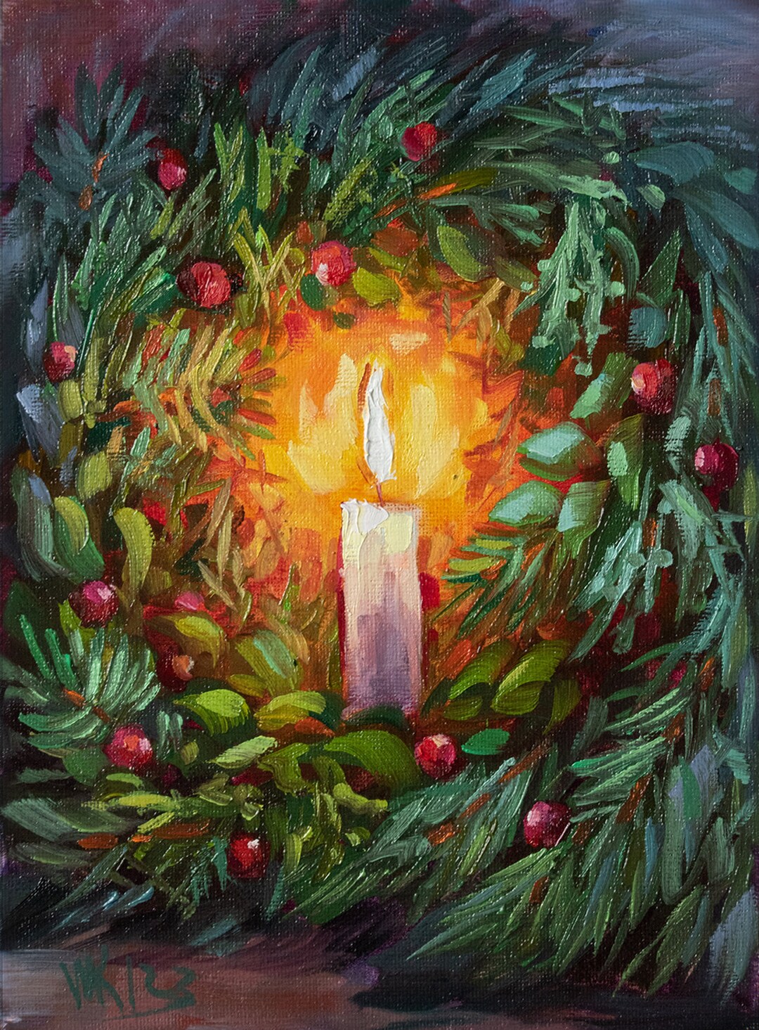 Christmas Oil Painting for Wall Decor Candle Original Art Christmas ...