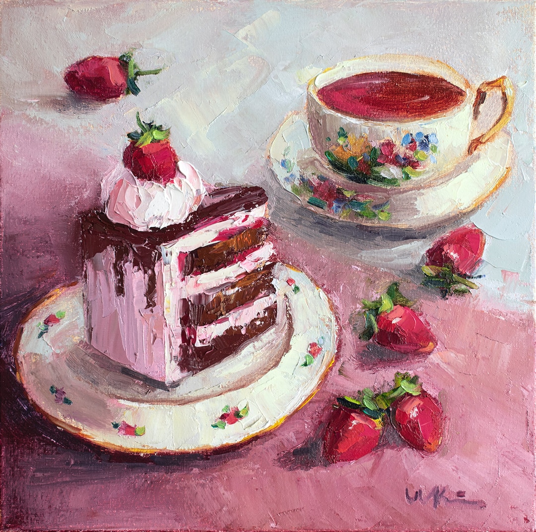 Birthday Cake Original Oil Painting Gift for Mother Art for Kitchen ...