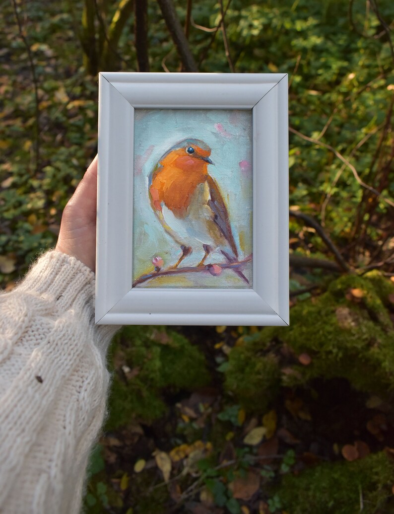 Robin Bird Framed Oil Painting Original Small Artwork Animal Modern Art ...