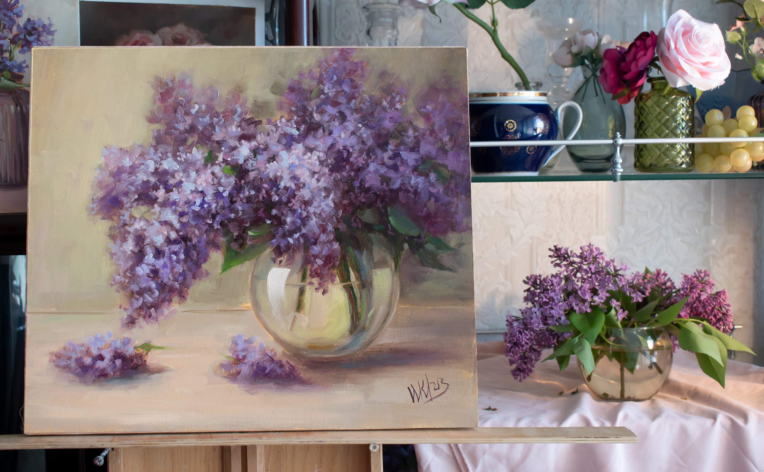 Purple Lilac in Glass Vase Original Oil Painting Lilac Flowers Bouquet ...