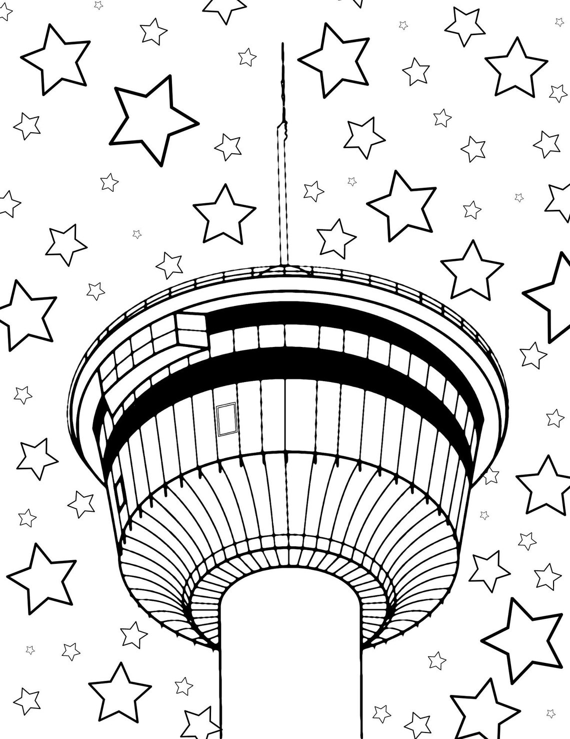 Calgary Tower Starry Night Colouring Page Children's | Etsy