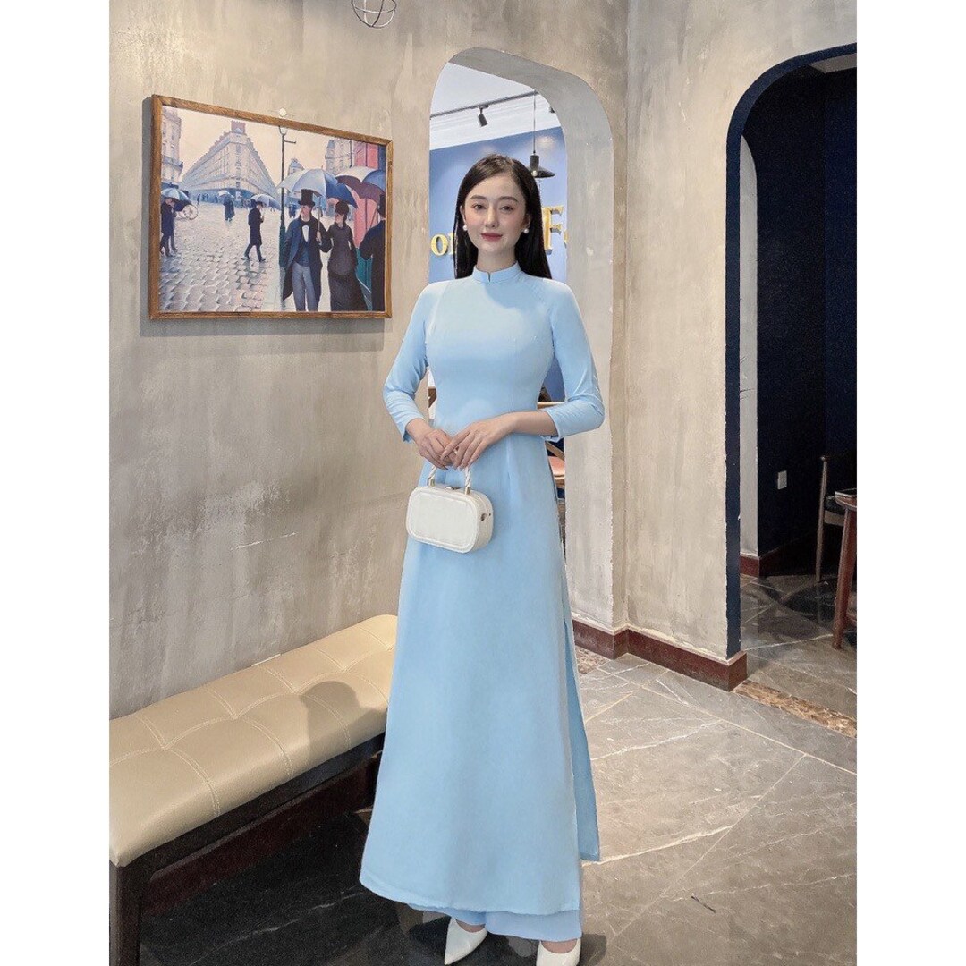 Full Color :vietnamese Ao Dai áo Dài Truyền Thống Xinh Áo Dài Trơn Cổ 2 ...