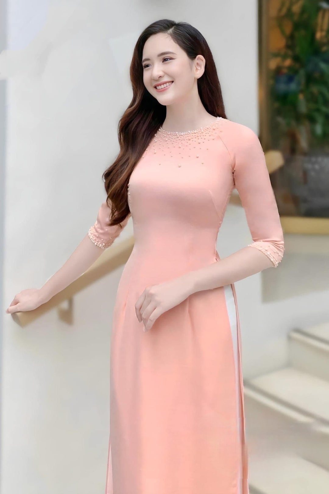 Pre-made: Vietnamese Ao Dai Silk Dress Pink áo Dài đính đá Ao Dai ...
