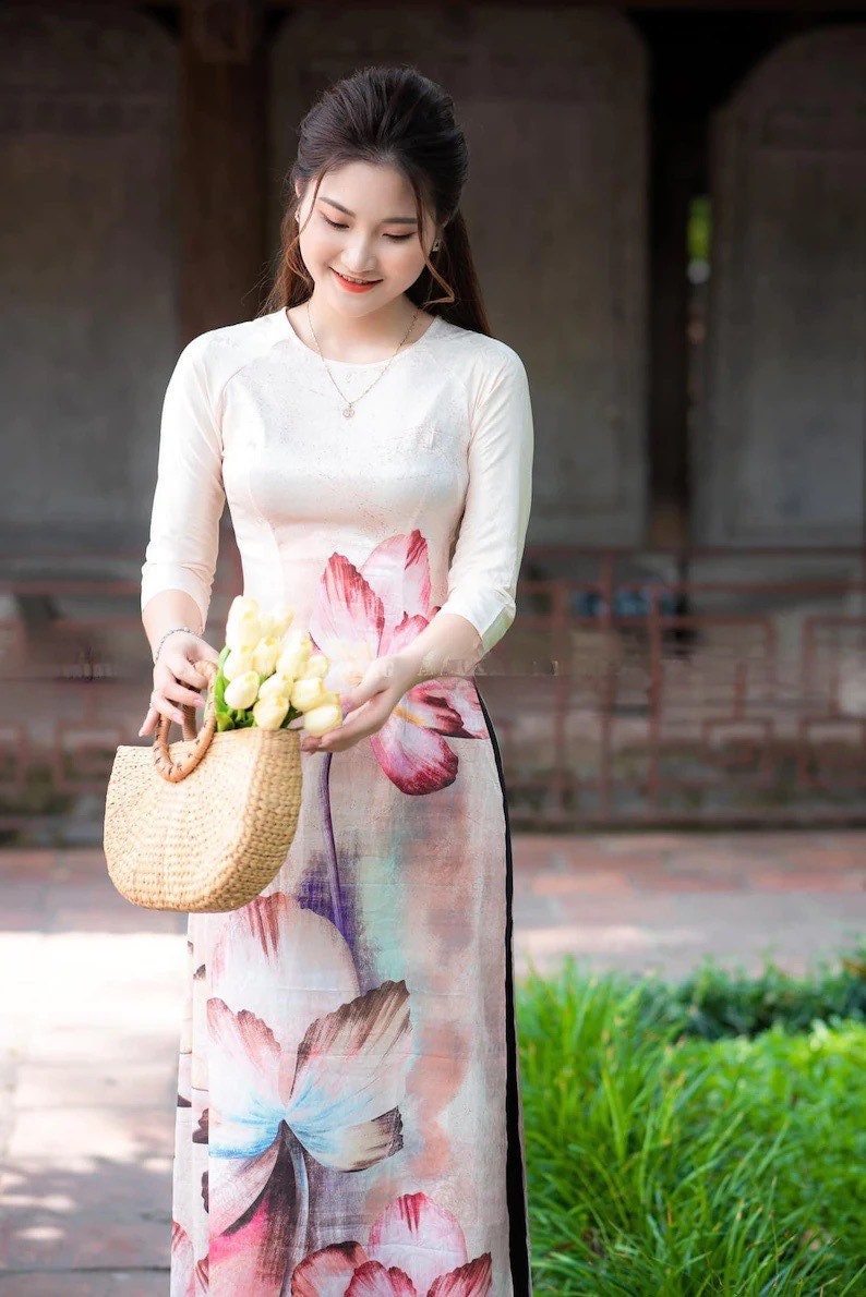 Vietnamese Traditional Silk Dress Flower Ao Dai Pink đính Ngọc - Etsy