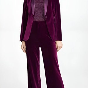Women's Purple Velvet Tuxedo Two Piece Slim Fit Suits Palazzo Pantstwo ...