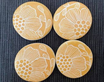 4 Ceramics Magnets, Green Floral Design Fridge Magnet Set of 4, Clay ...