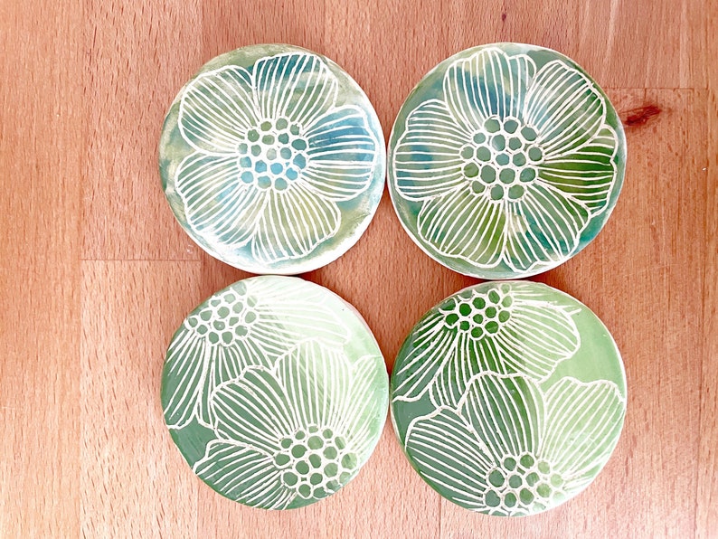 4 Ceramics Magnets, Green Floral Design Fridge Magnet Set of 4, Clay ...