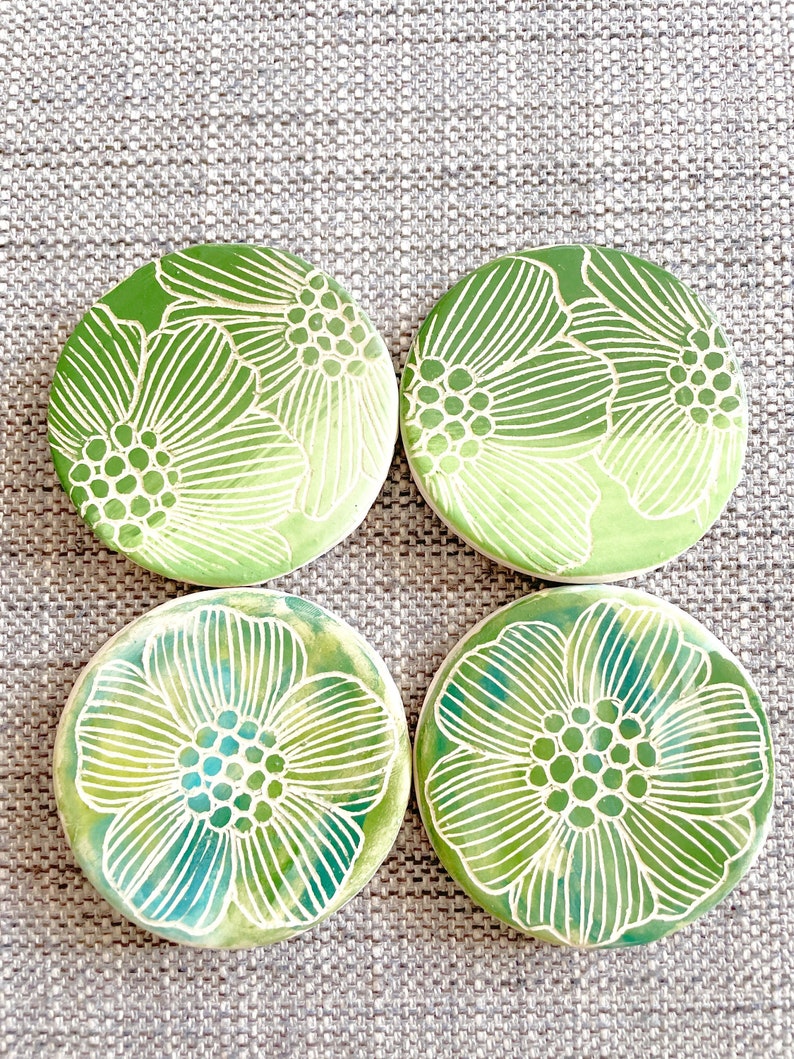 4 Ceramics Magnets, Green Floral Design Fridge Magnet Set of 4, Clay ...