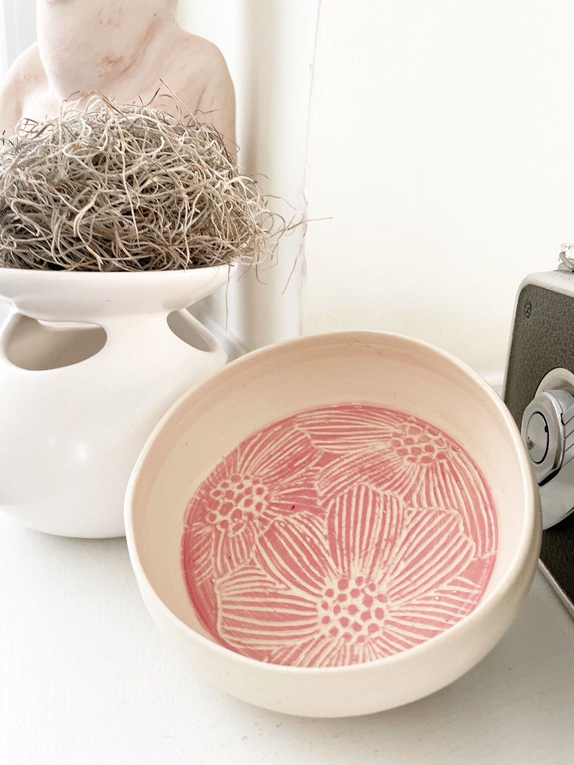 Pink Floral Design Ceramics Bowl, Ring Dish Holder, Small Pottery ...