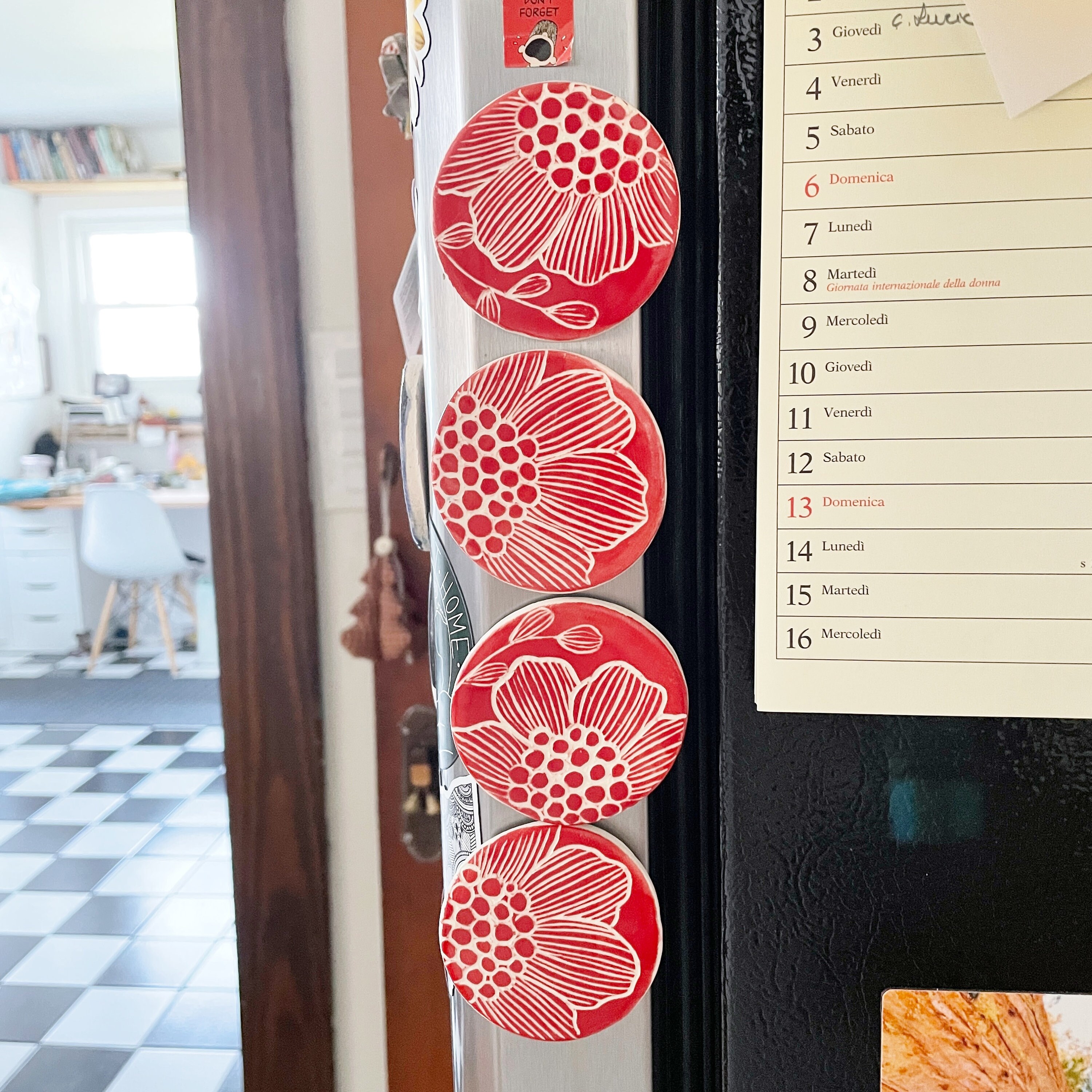 4 Ceramics Magnets, Red Floral Design Fridge Magnet Set of 4, Clay ...