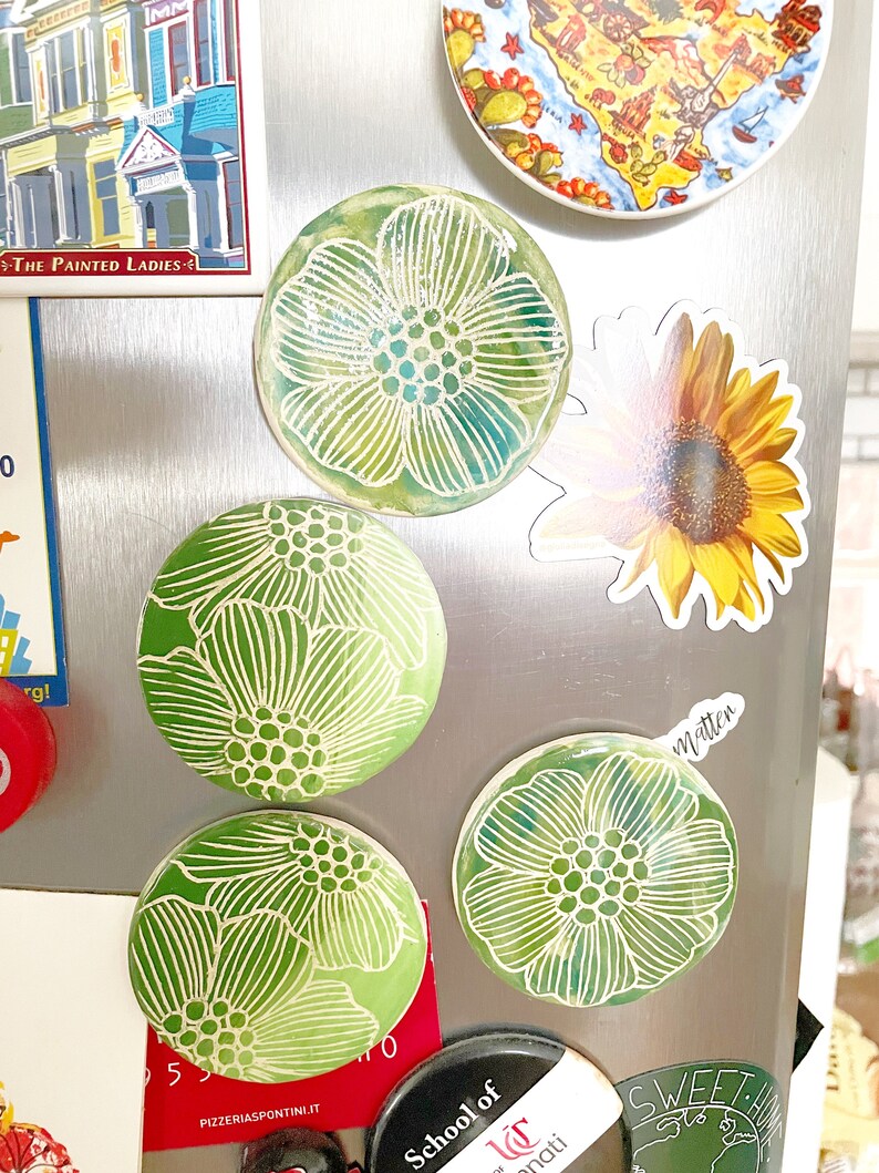 4 Ceramics Magnets, Green Floral Design Fridge Magnet Set of 4, Clay ...