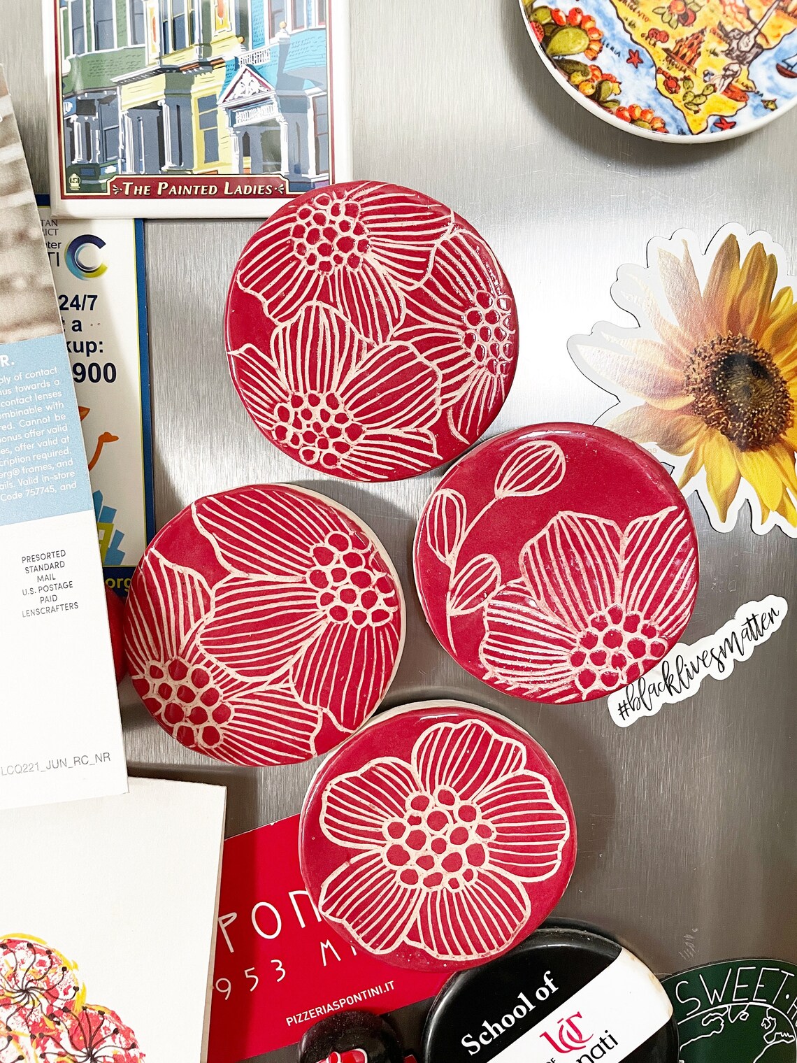 4 Ceramics Magnets Red Floral Design Fridge Magnet Set of 4 | Etsy
