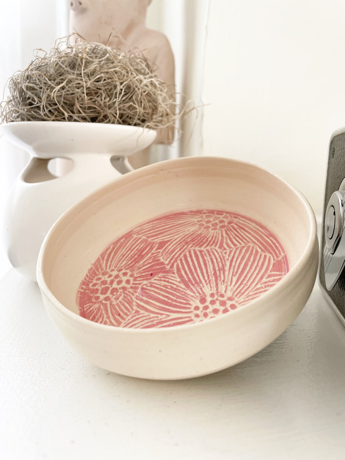 Pink Floral Design Ceramics Bowl, Ring Dish Holder, Small Pottery ...