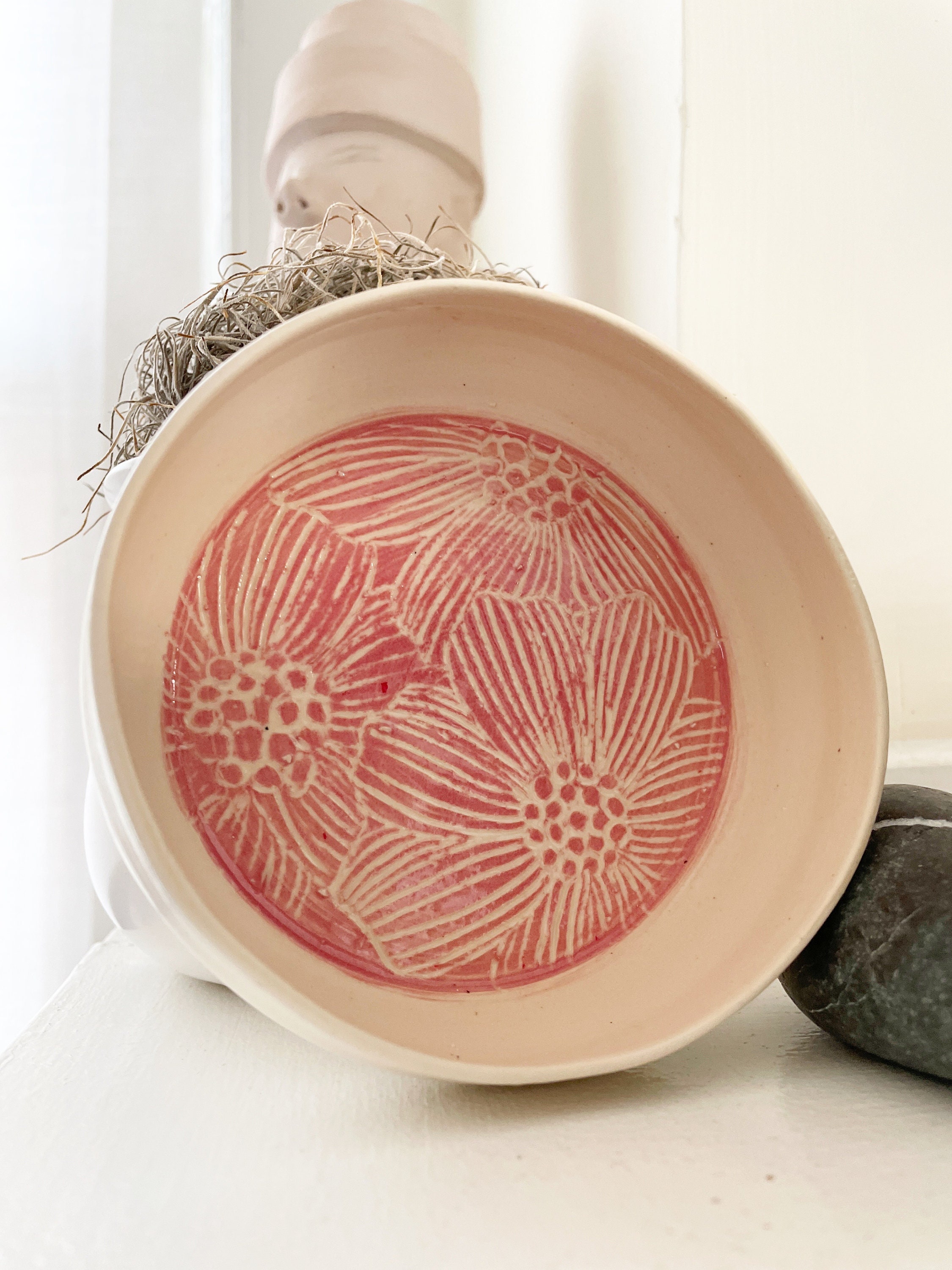 Pink Floral Design Ceramics Bowl, Ring Dish Holder, Small Pottery ...