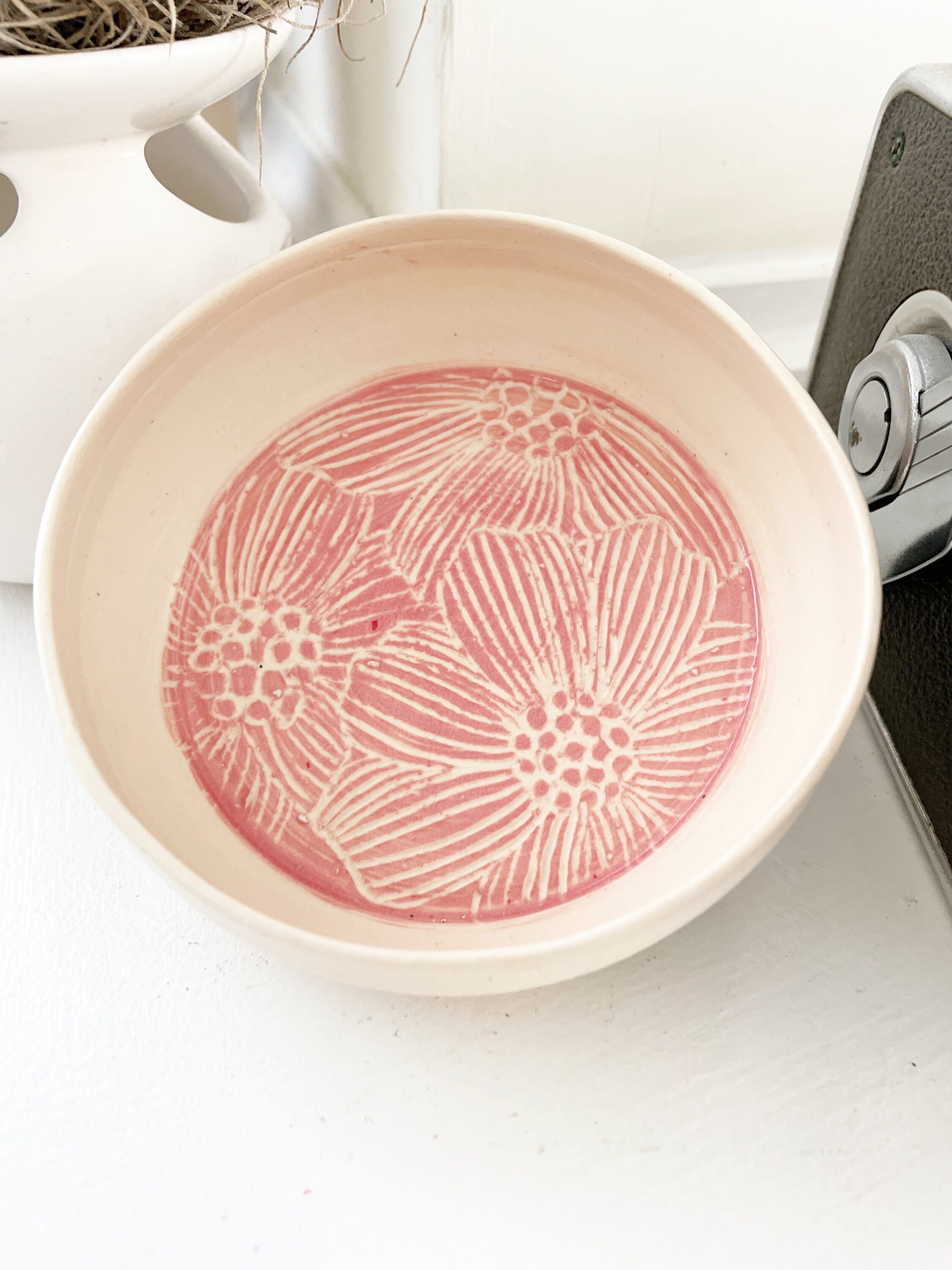 Pink Floral Design Ceramics Bowl, Ring Dish Holder, Small Pottery ...